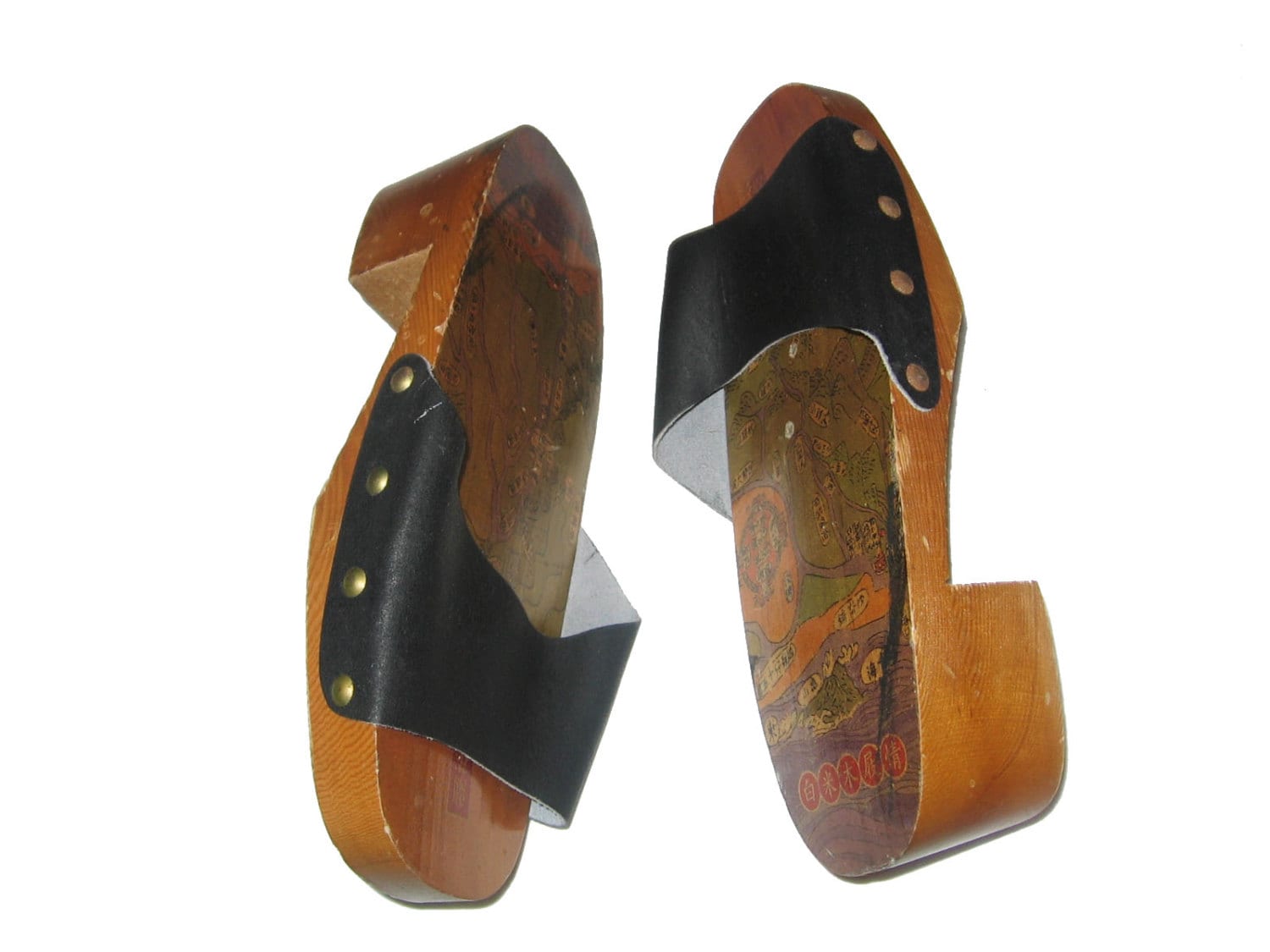 Vintage Wooden Heel Black Leather Chinese Platform Clogs