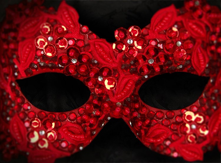 Sequined Red Masquerade Mask With Rhinestones And Embroidery
