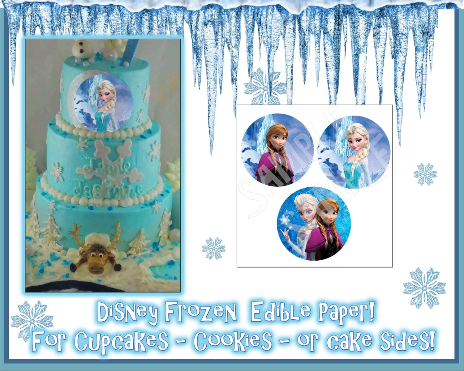 Round Disneys Frozen edible cake decorations by Pictures4Cakes