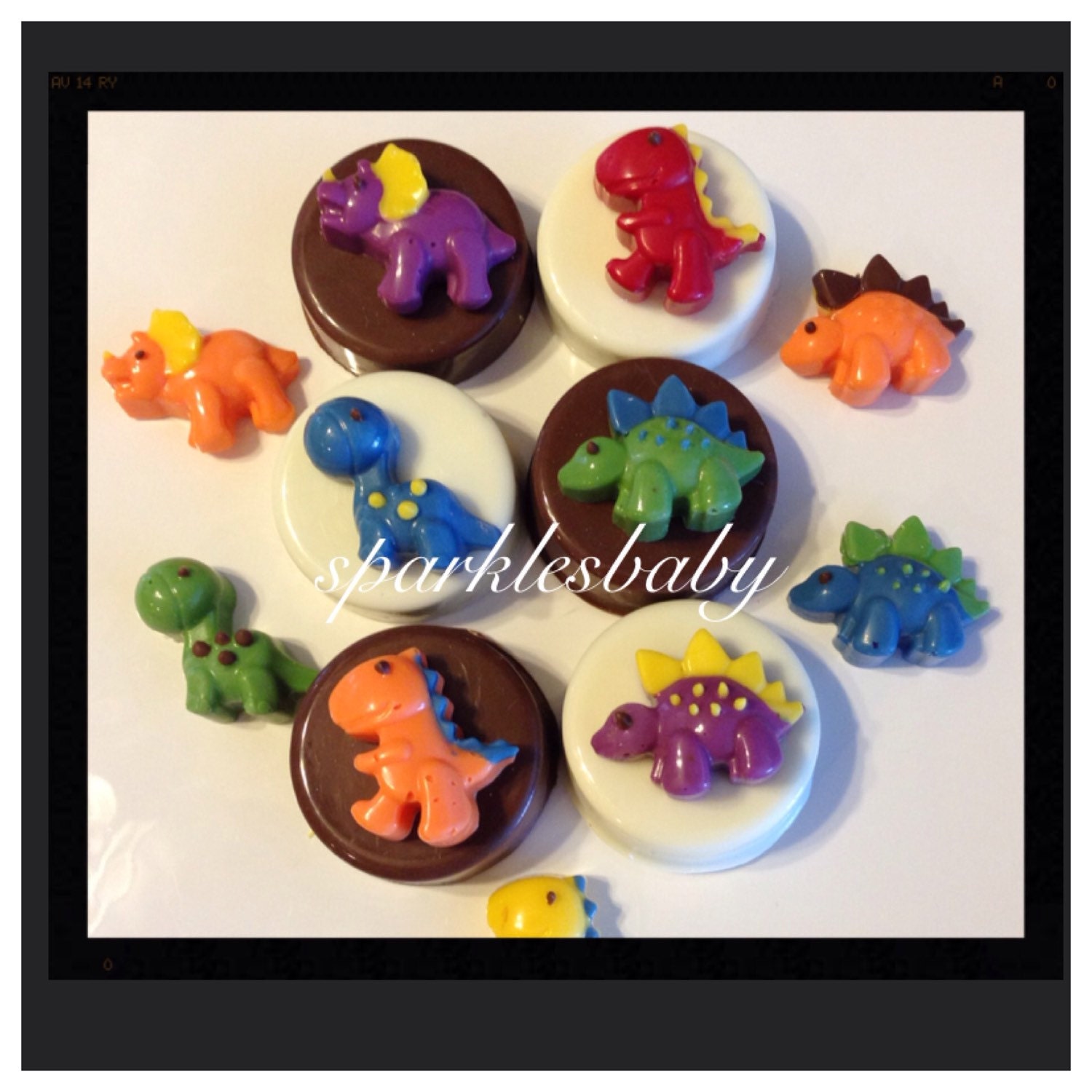 Dinosaur themed gourmet chocolate covered double stuf oreos