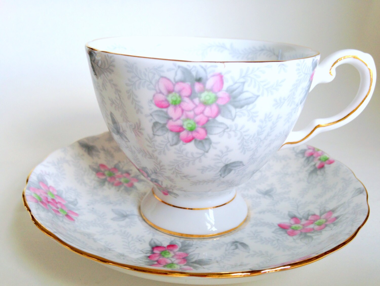 Hand Painted Pink Flowers Tuscan Tea Cup and Saucer, Tea Set, Antique ...