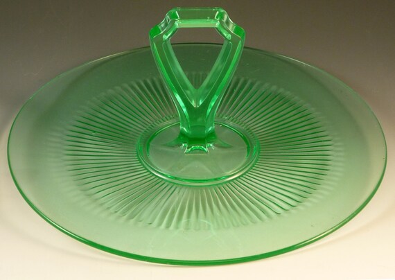 Adam's Rib Green Depression Glass Center Handled Server Adam's Rib Green Depression Glass Center Handled Server