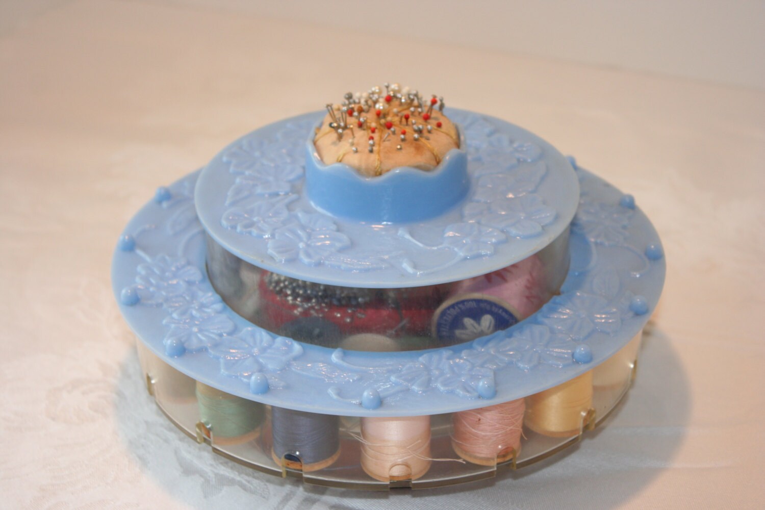 Vintage round, tiered, blue plastic sewing box – Haute Juice