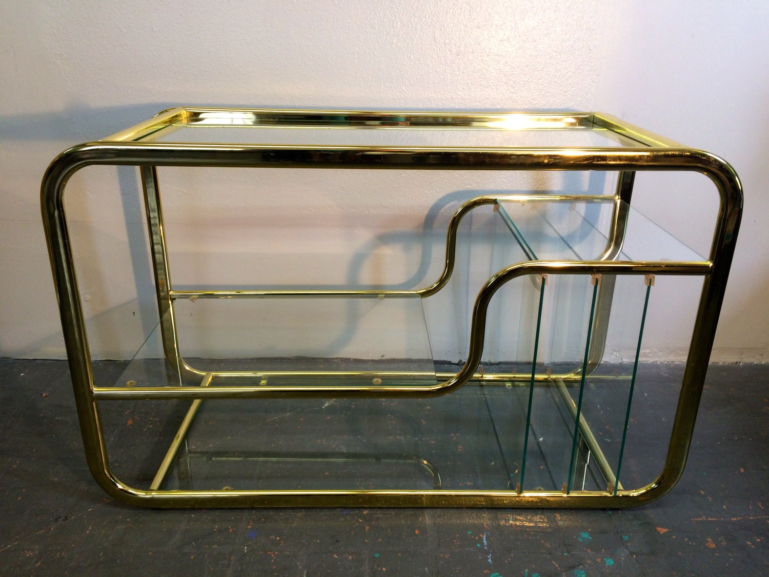Milo Baughman Glass Etagere Record Console Table Mid Century Modern ...