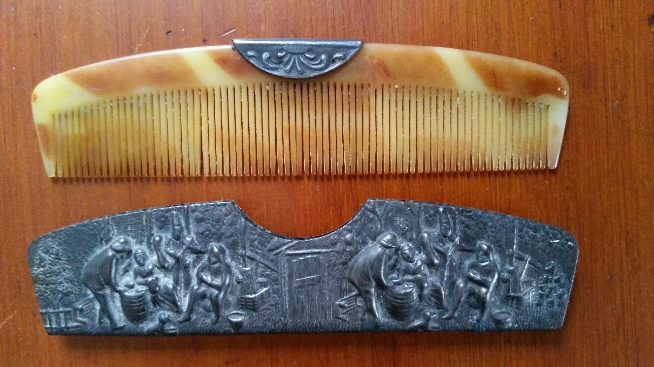 Antique Tortoise Shell Style Comb in Pewter Case Made in