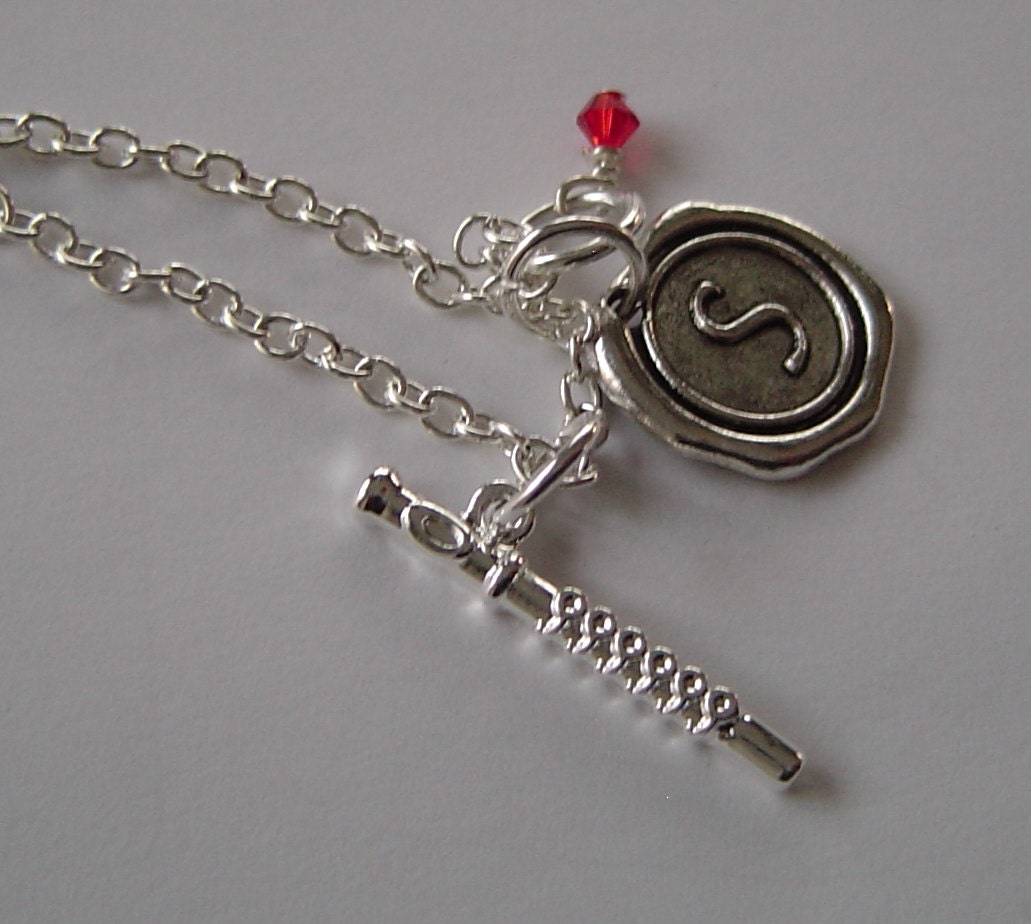 Flute Charm Necklace Personalized Antique Silver Wax Seal