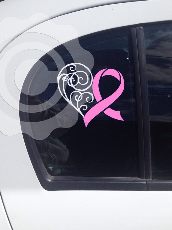 Pink Breast Cancer Awareness Ribbon Heart Scroll Window Decal