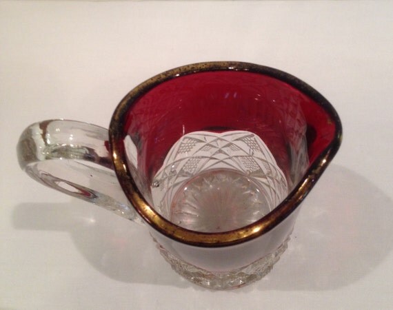 Ruby Red Flash and Crystal Pitcher with Gold Rim Vintage