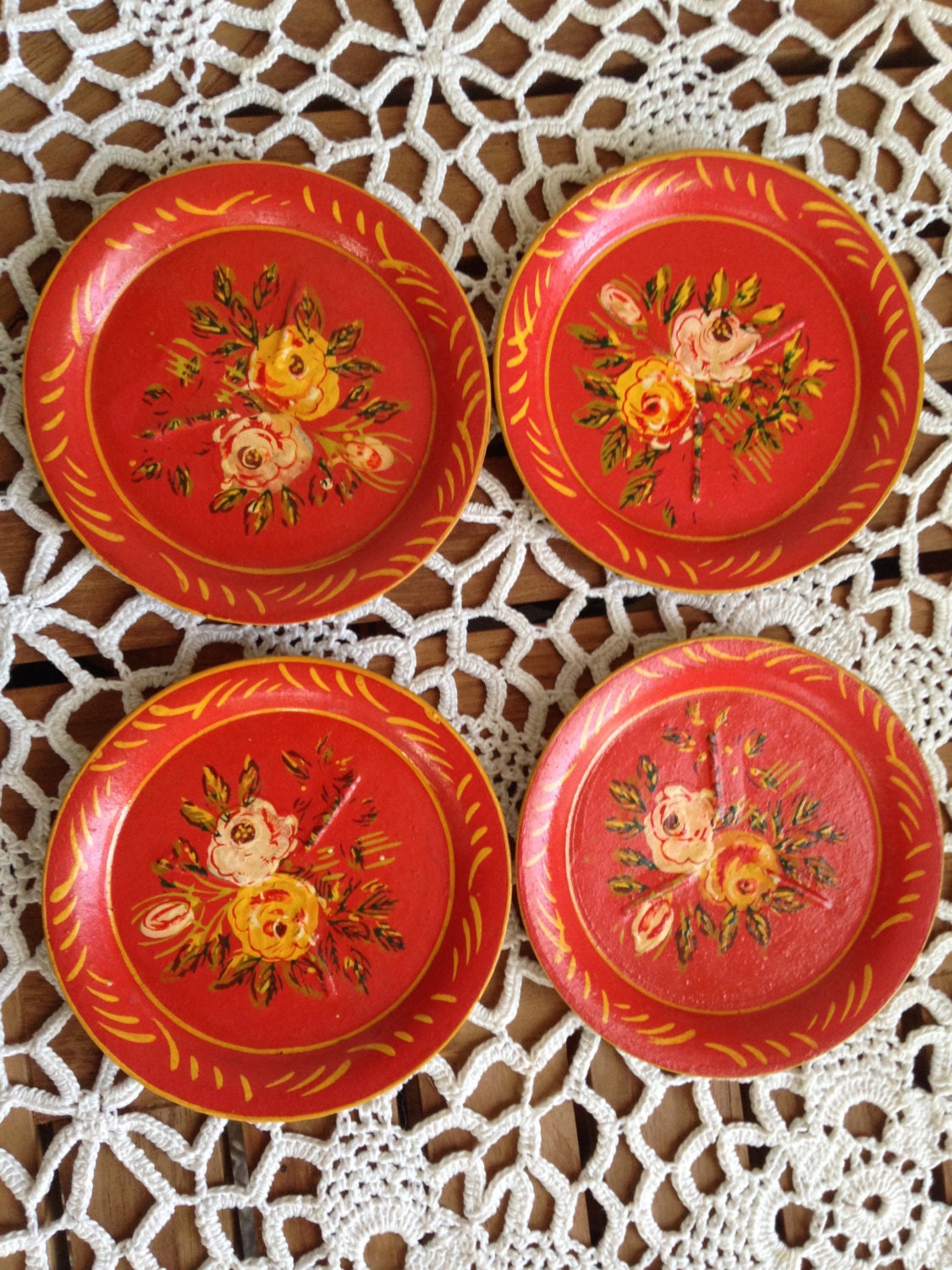 Set of 4 vintage, beautifully hand painted coasters made of occupied ...