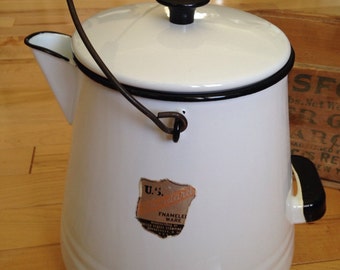 Items similar to Vintage Rustic Large Enamel Coffee Pot with Handle ...