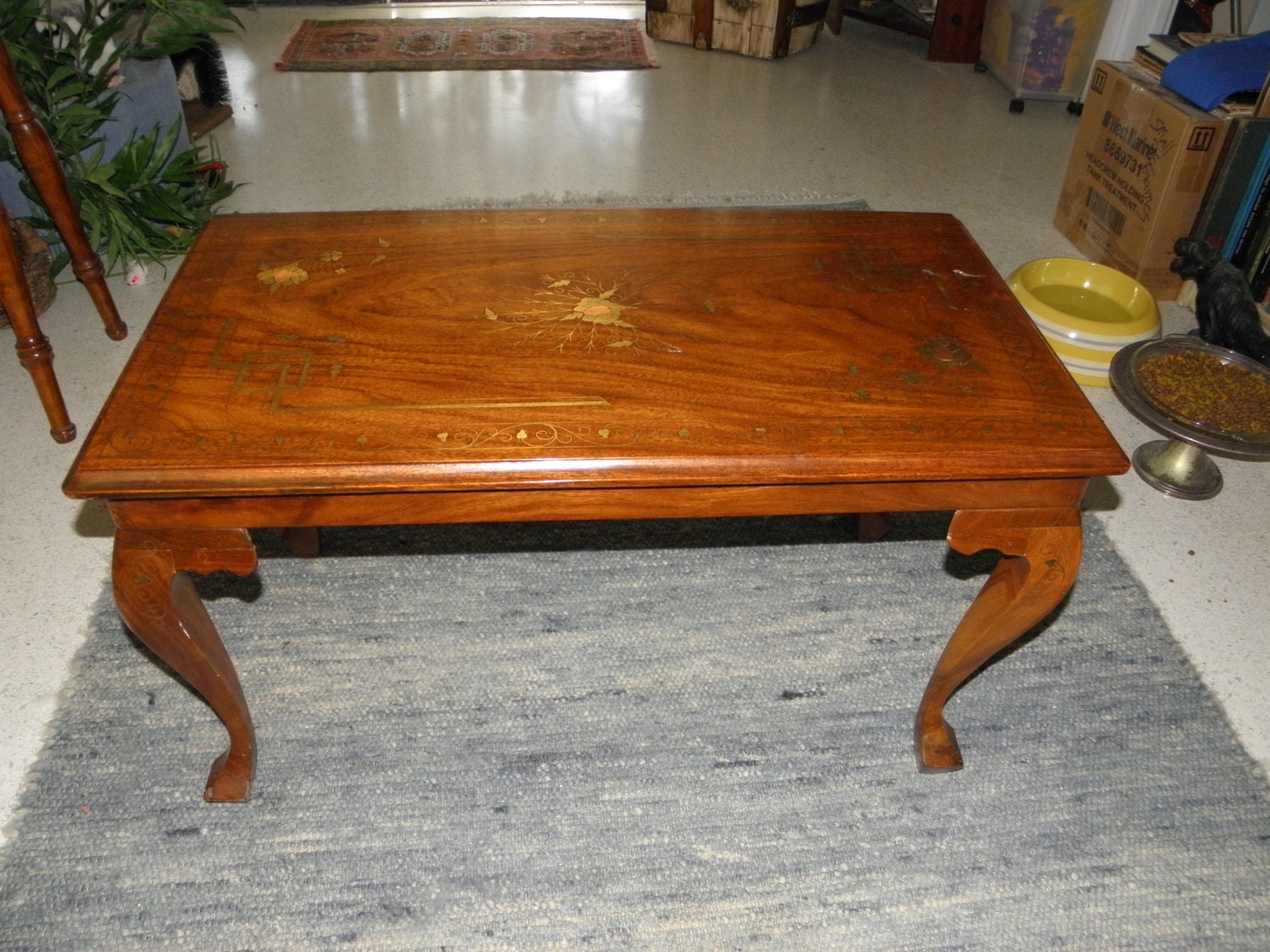 SALE, Vintage Cherry Coffee Table with Inlaid Brass and Copper Motif ...