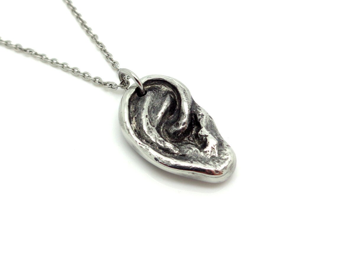 Human Ear Necklace in Pewter Anatomical Hearing Pendant Deaf