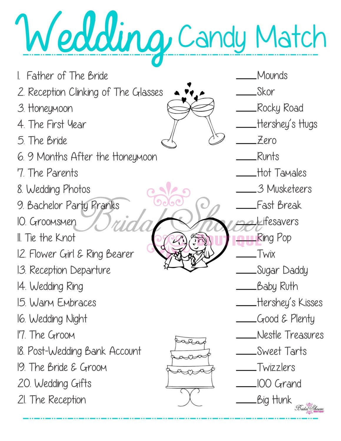 Wedding Candy Match Bridal Shower Game TURQUOISE Fun