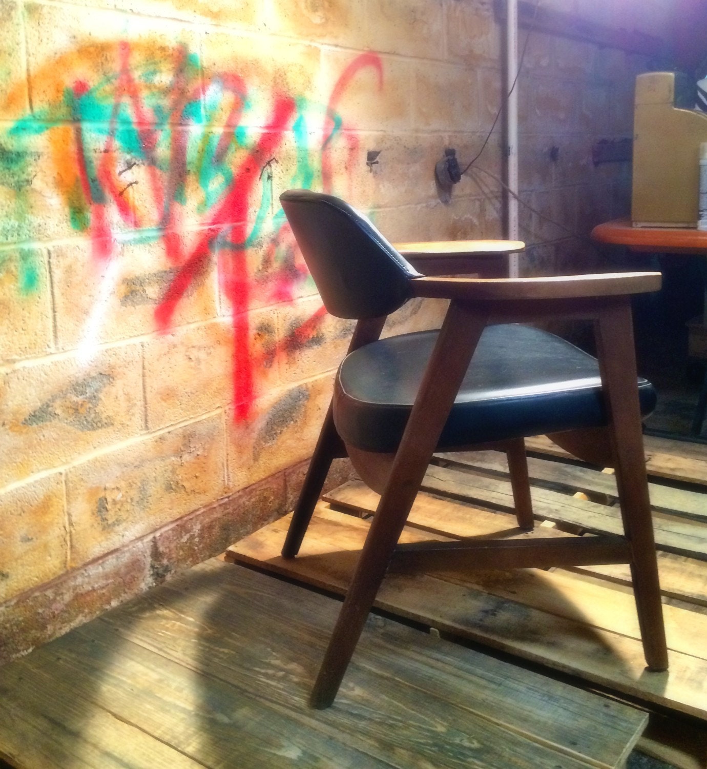 Mid Century Walnut High Point Chair Co. NC, Gunlocke style Black Chair ...