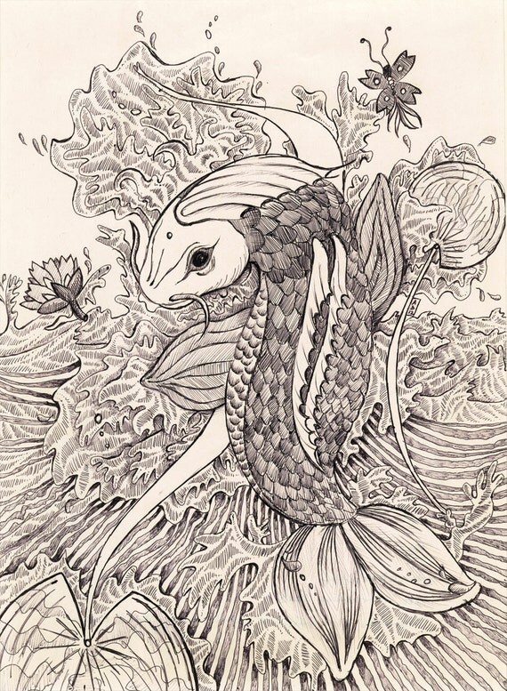 Coy Koi original art koi fish art pen and ink by AratiDevasher