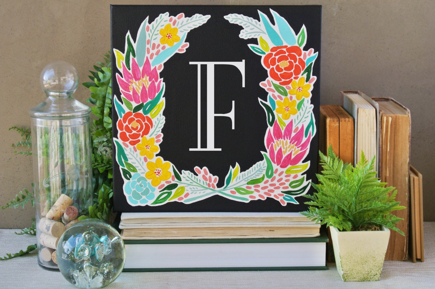 Monogram Canvas Painting Home Decor Floral by JustJulieAnneStudio