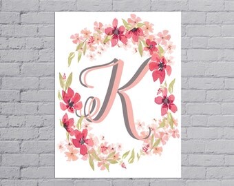 Monogram Printable Nursery Pink Monogram Letter K Art Print Initial ...