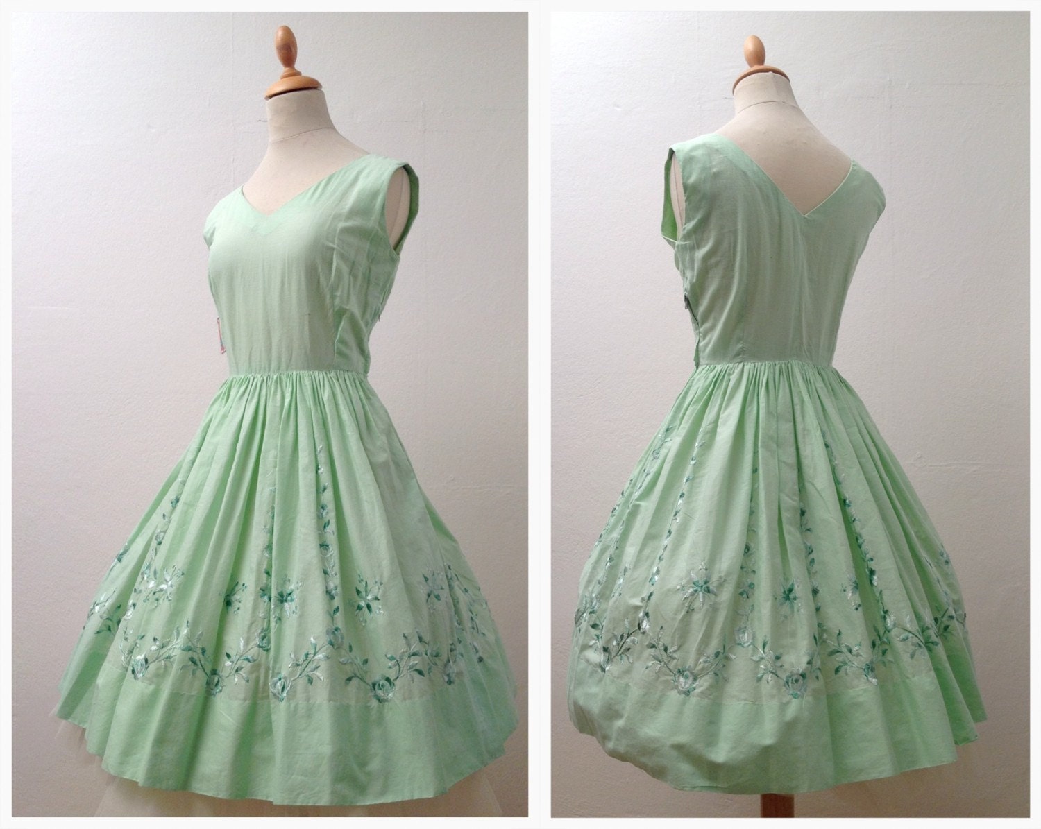 Vintage 50s mint green floral embroidered ton on ton circle cotton ...