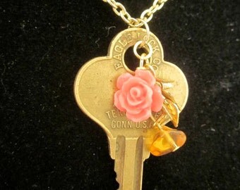 Items similar to Vintage Brass Key with Pink Flower necklace - FREE ...