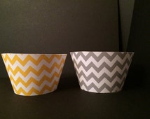 Set of 12 yellow and grey chevron print cupcake wrappers, wedding ...