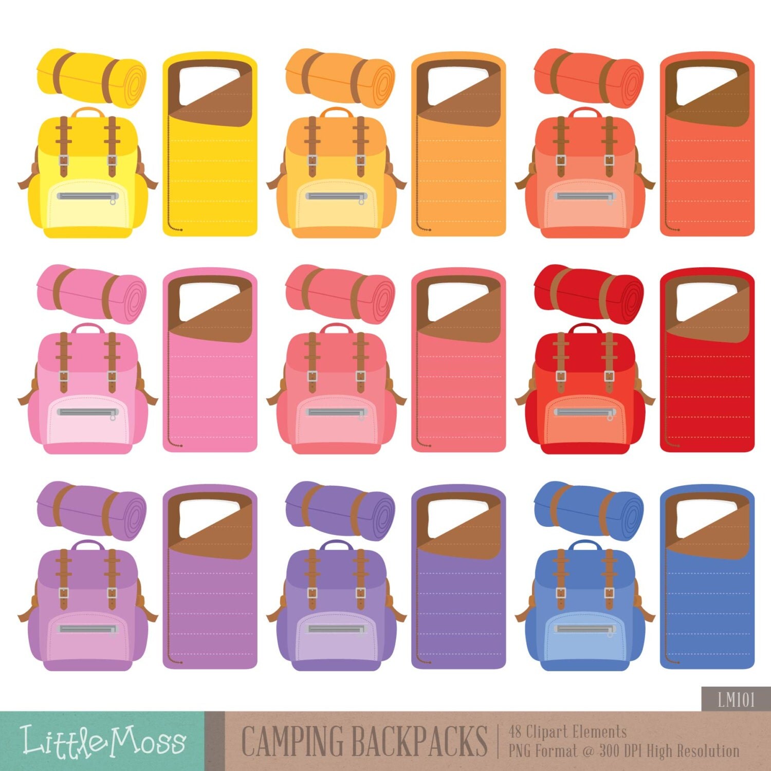Camping Backpacks Digital Clipart, Sleeping Bag Clipart from LittleMoss ...