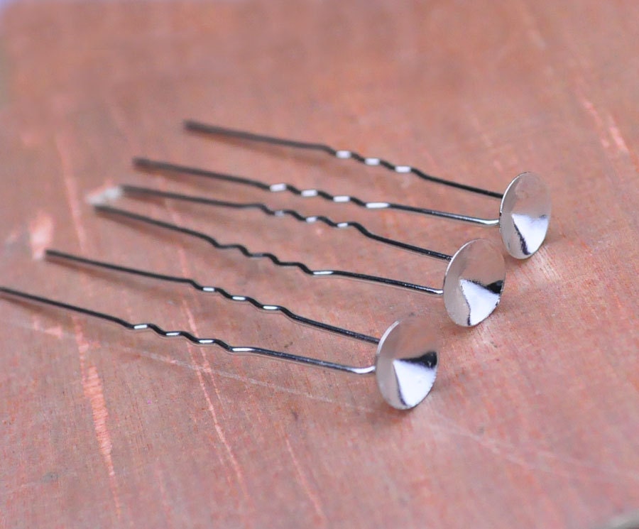50pcs thin silver U shaped hair pins with 10mm bezel 67mm