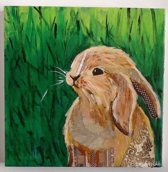 Baby Bunny in Grass Original Painting Collage