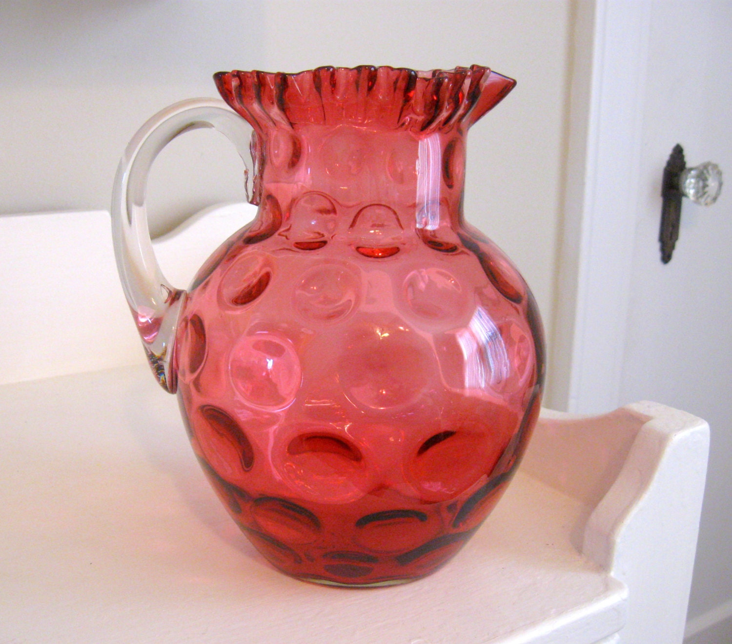 Fenton Cranberry Pitcher Coin Dot Thumb Print Large Ruffled