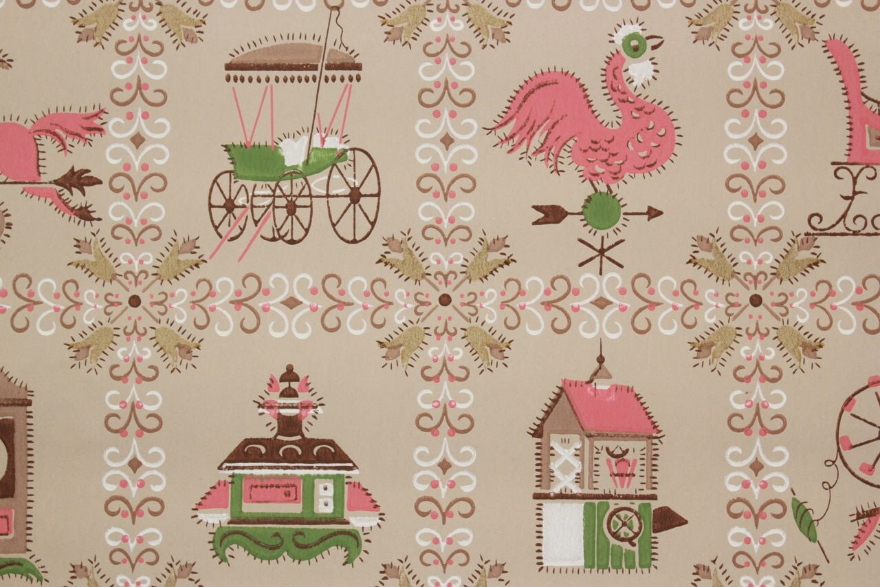 1950s Vintage Wallpaper Folk Art Rooster Antique Clock on