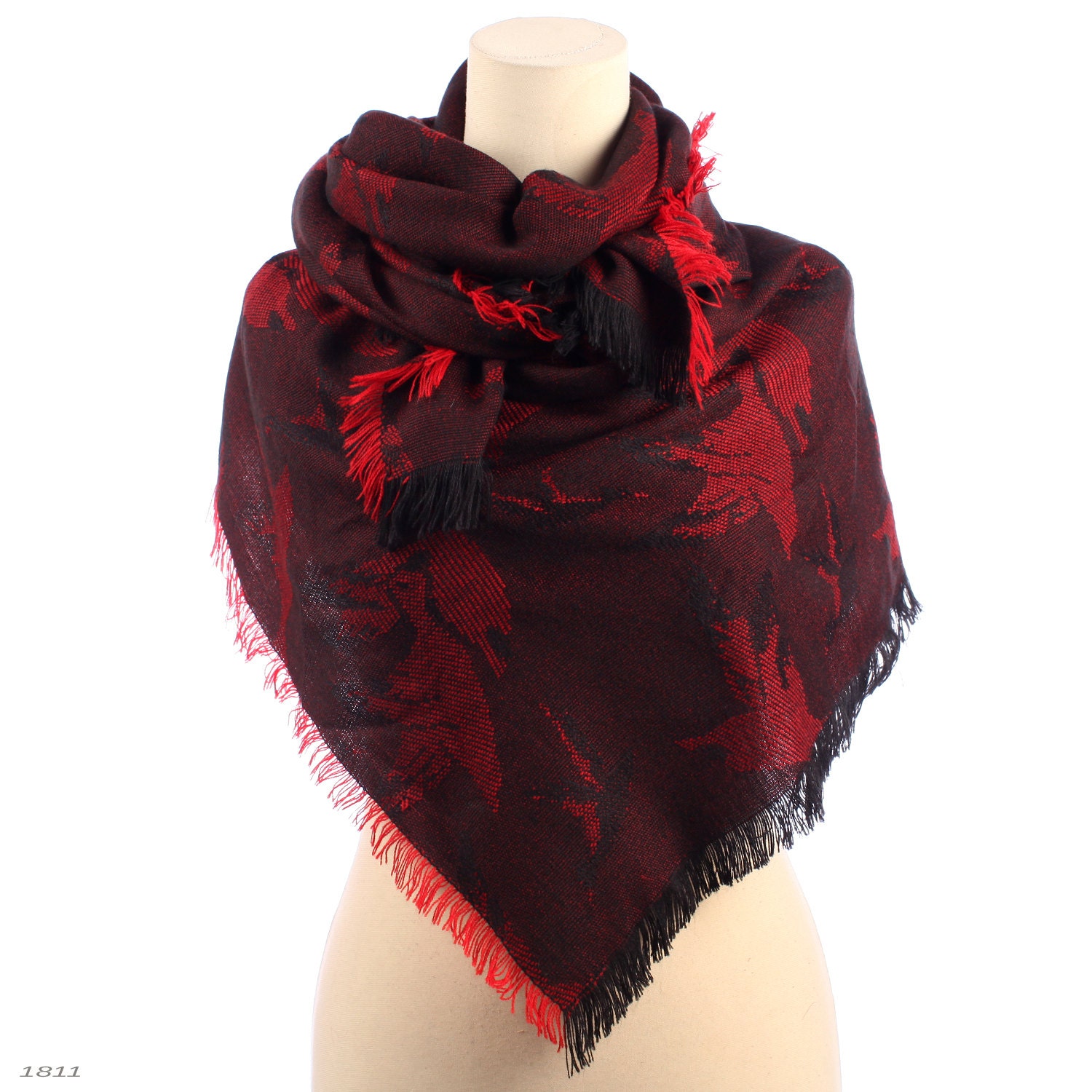 Wine RED Wool Shawl . Large Blanket Woven Wrap Scarf BirdsPrint Fringed ...