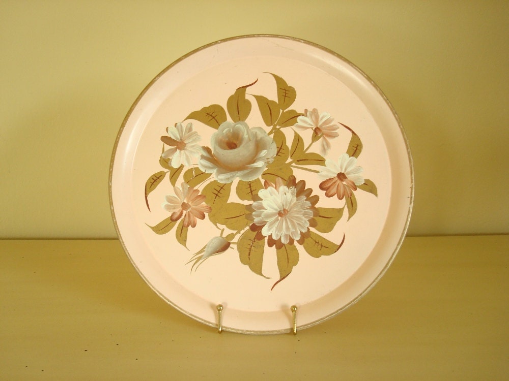 Pink, gold and cream tray, Pilgrim Art pink toleware tray, hand painted ...