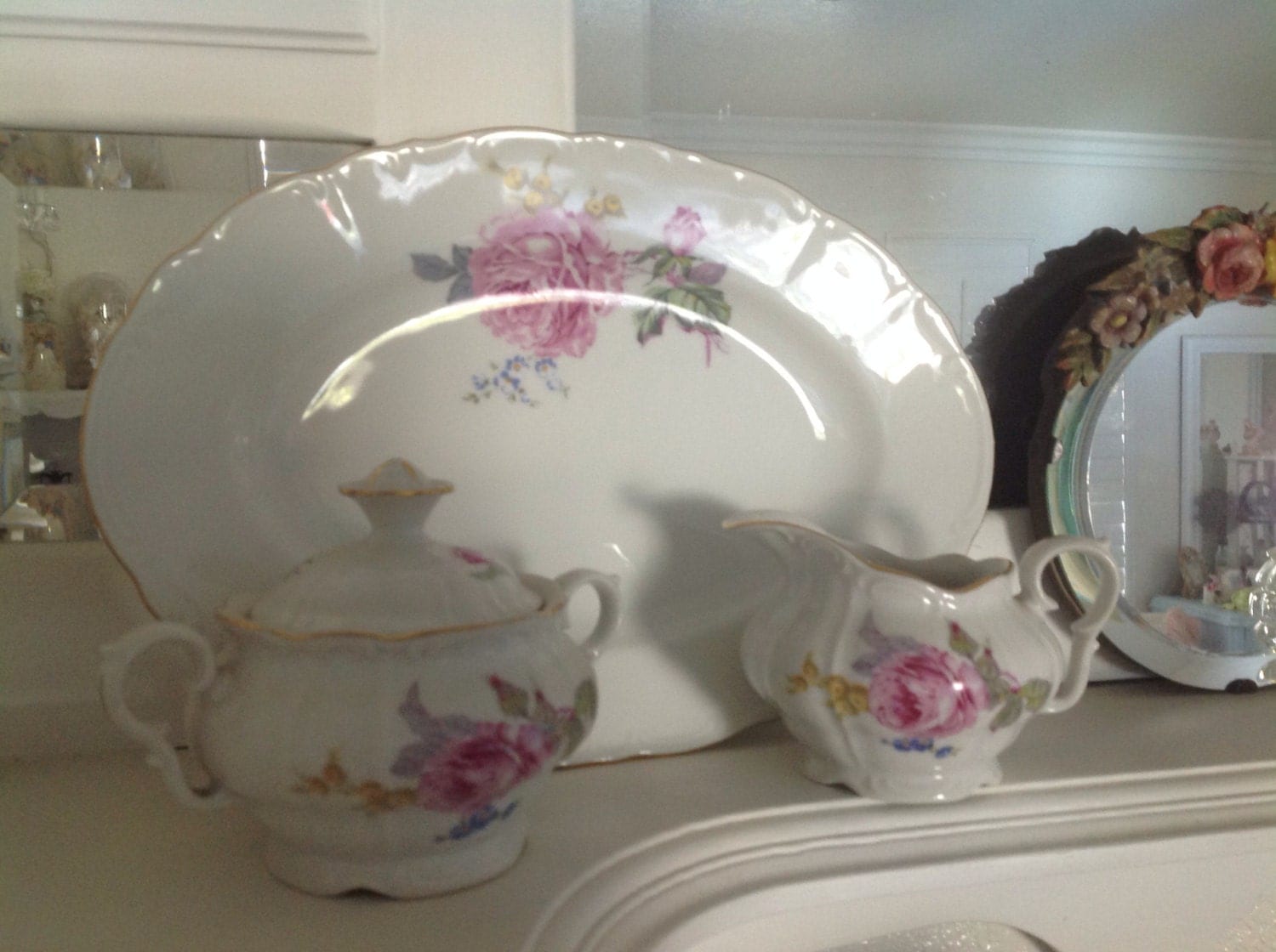 Bohemian China Platter Cream and Sugar ~ Roses in Pink and White ...
