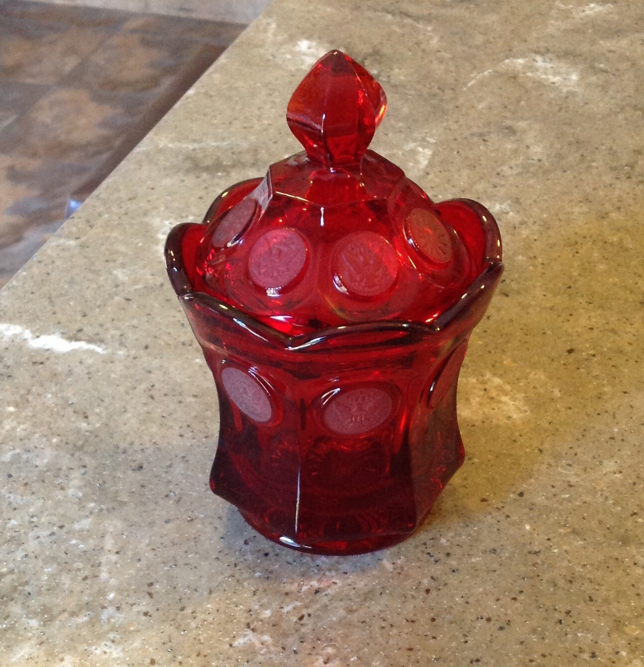 Elegant Ruby Red Fostoria Coin Glass Covered Candy Dish With