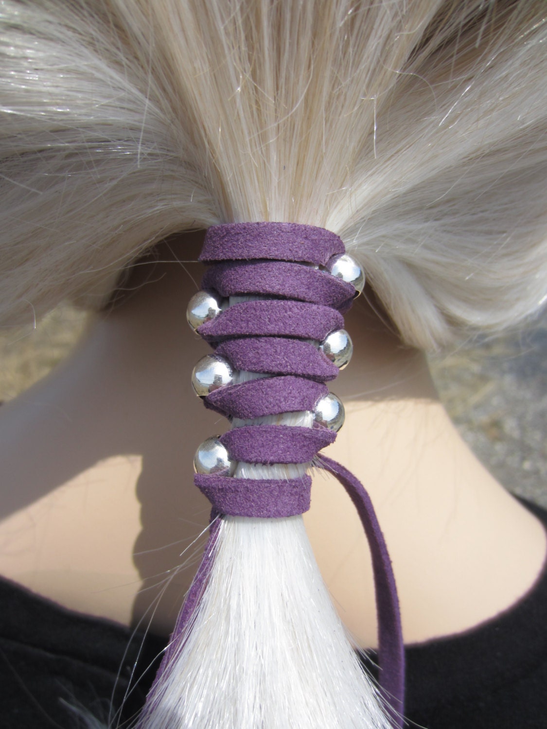 Purple Leather Hair Ties Wraps Ponytail holders Silver Beads