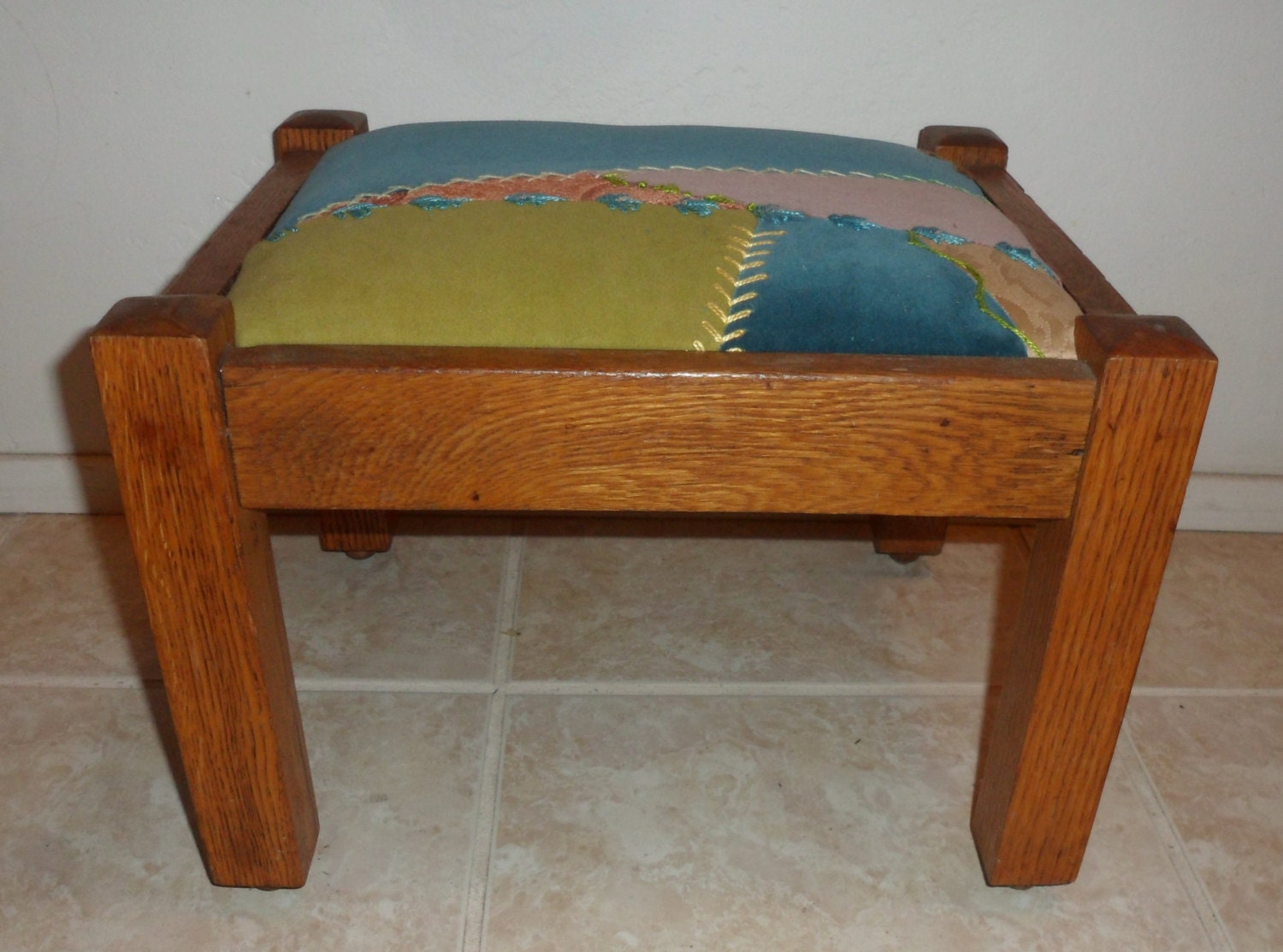 Antique Mission Oak FOOT STOOL Refashioned Embroidered Patchwork Top ...