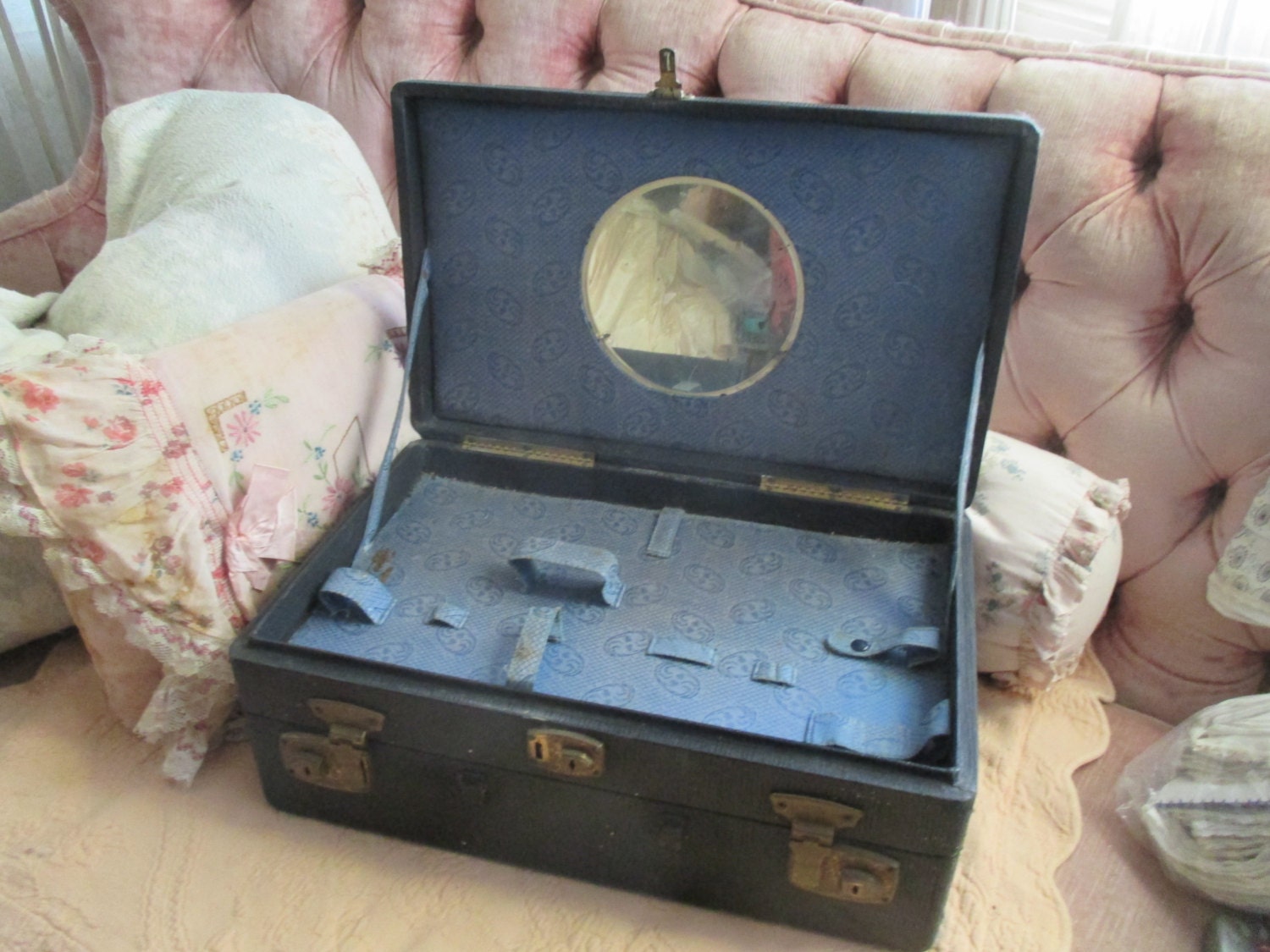 Antique Victorian Traveling Vanity Dressing Case Box Timeworn Blue ...