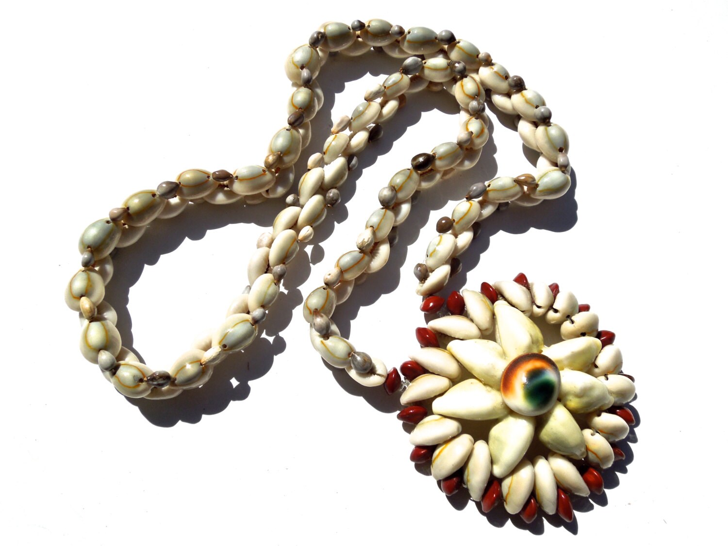 VINTAGE: LARGE Chunky Cowry Shell and Natural Seed Flower Necklace ...