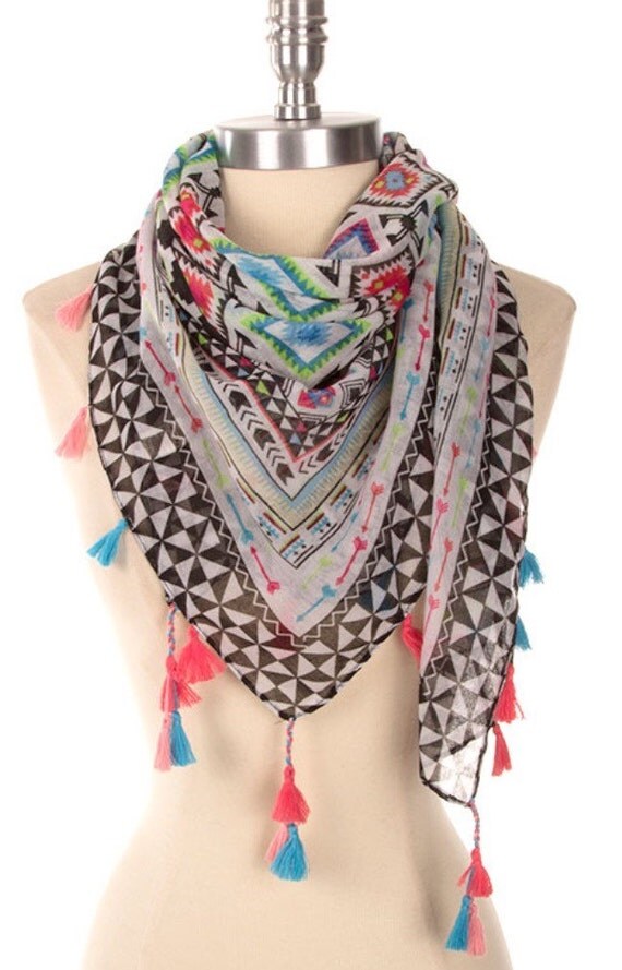 Boho scarf Tassel Scarf Tribal Print Cute Scarves By PiYOYO