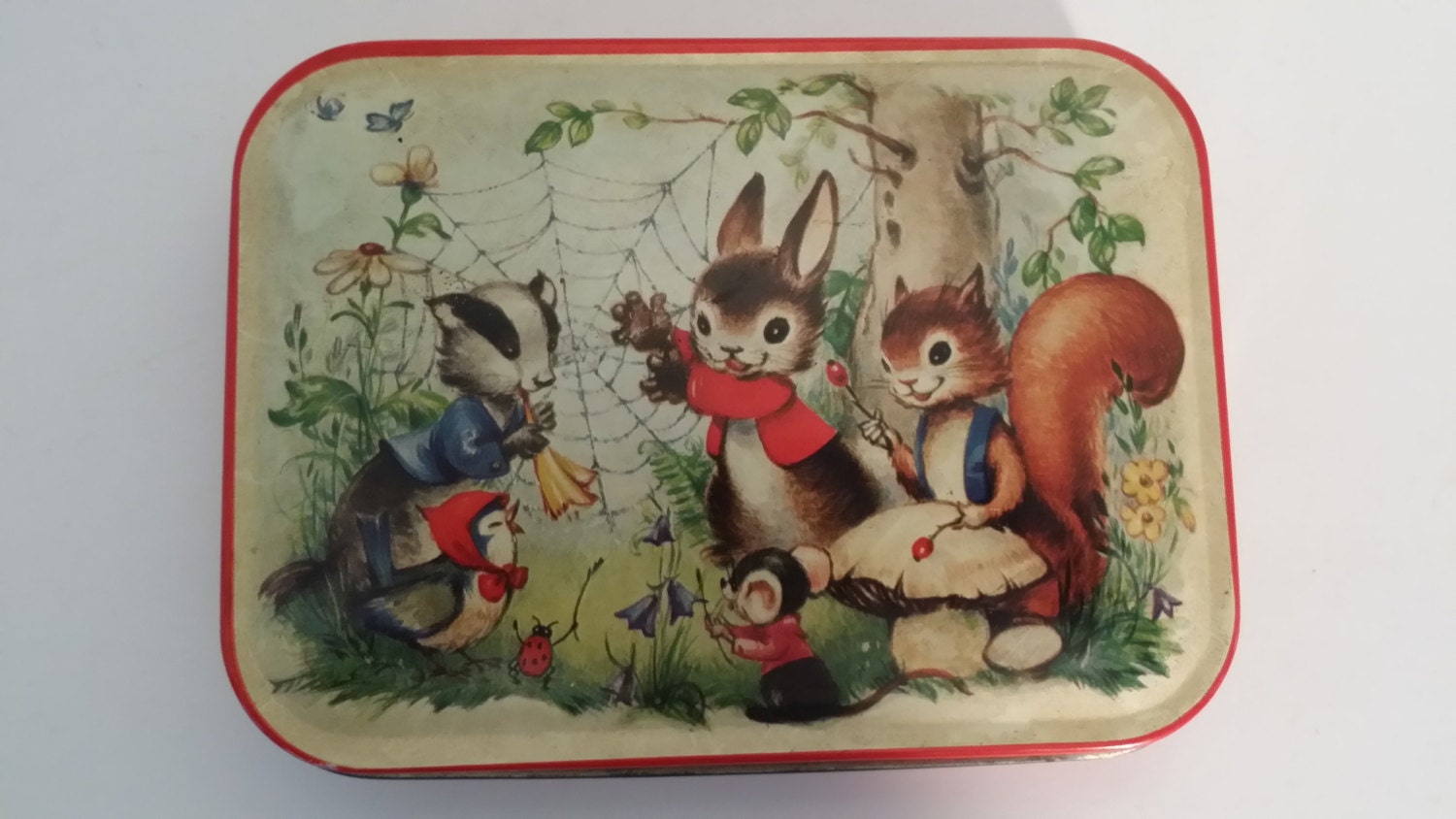Vintage Blue Bird Confectionery Tin Box — Bunny, Squirrel, Badger and ...