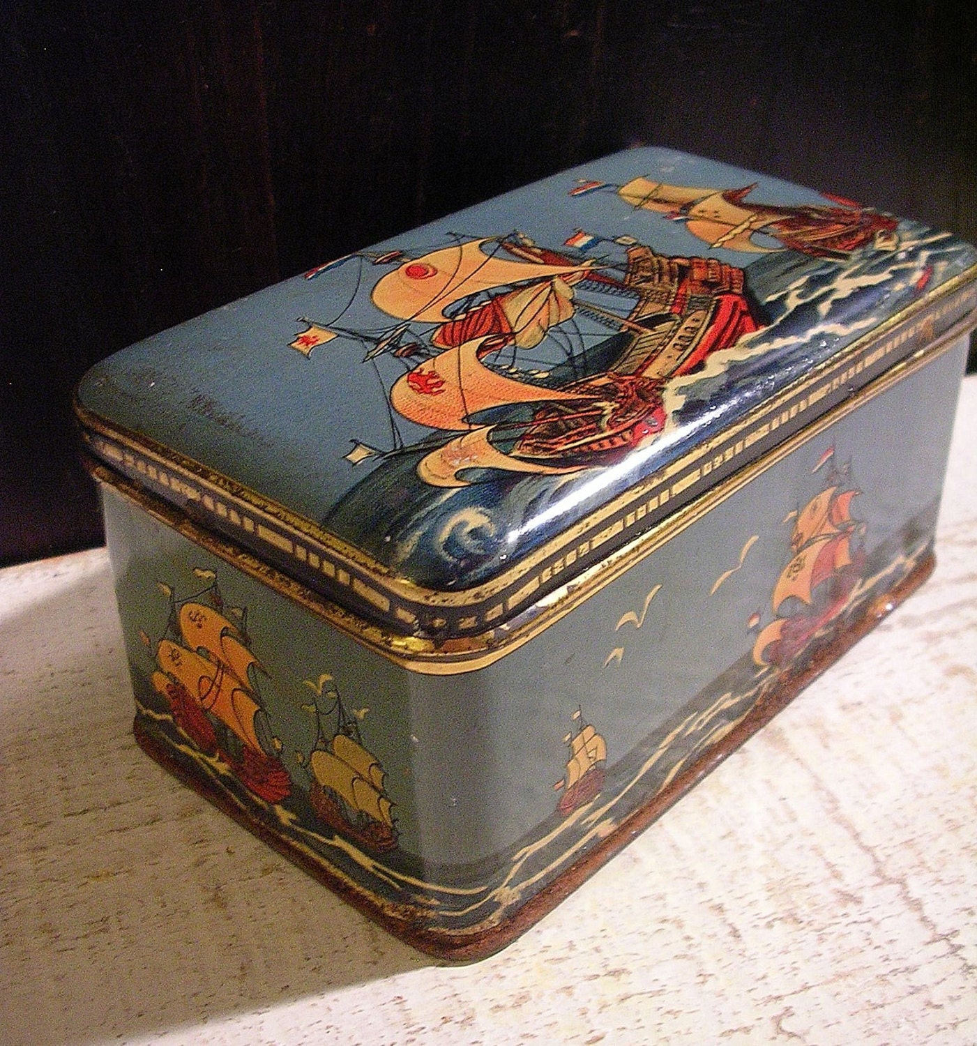Fathers Day – Ship Boat Theme Small Antique Tin Box with 17th Century ...