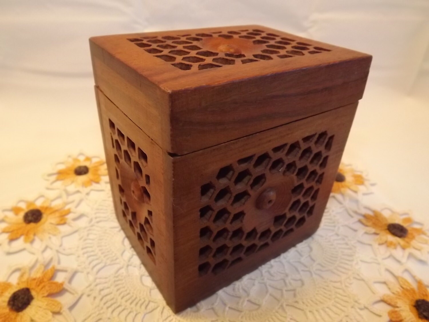 Vintage Wooden Hand-Carved Card Box, Made in India, Intiguing Honey ...