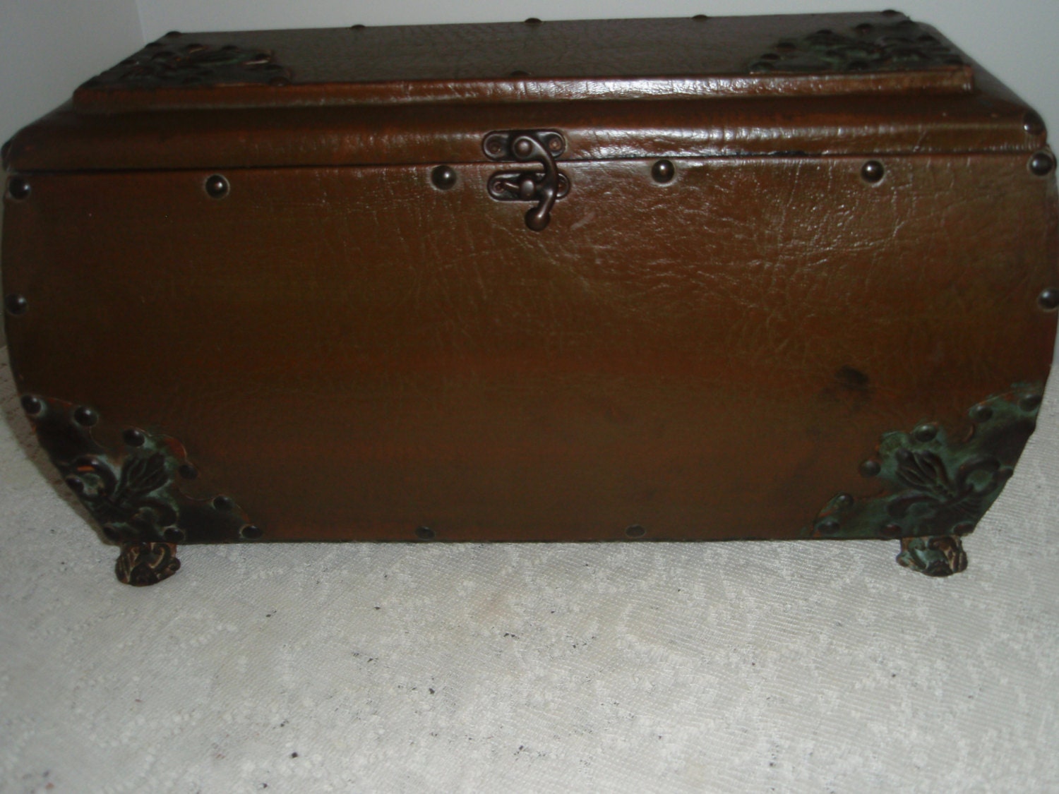 Large Faux Leather and wood Box with latch, Metal trimmed box with feet ...