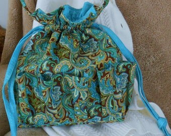 Bingo Bag, quilted, brown aqua gold paisley, drawstring bag with 6 ...