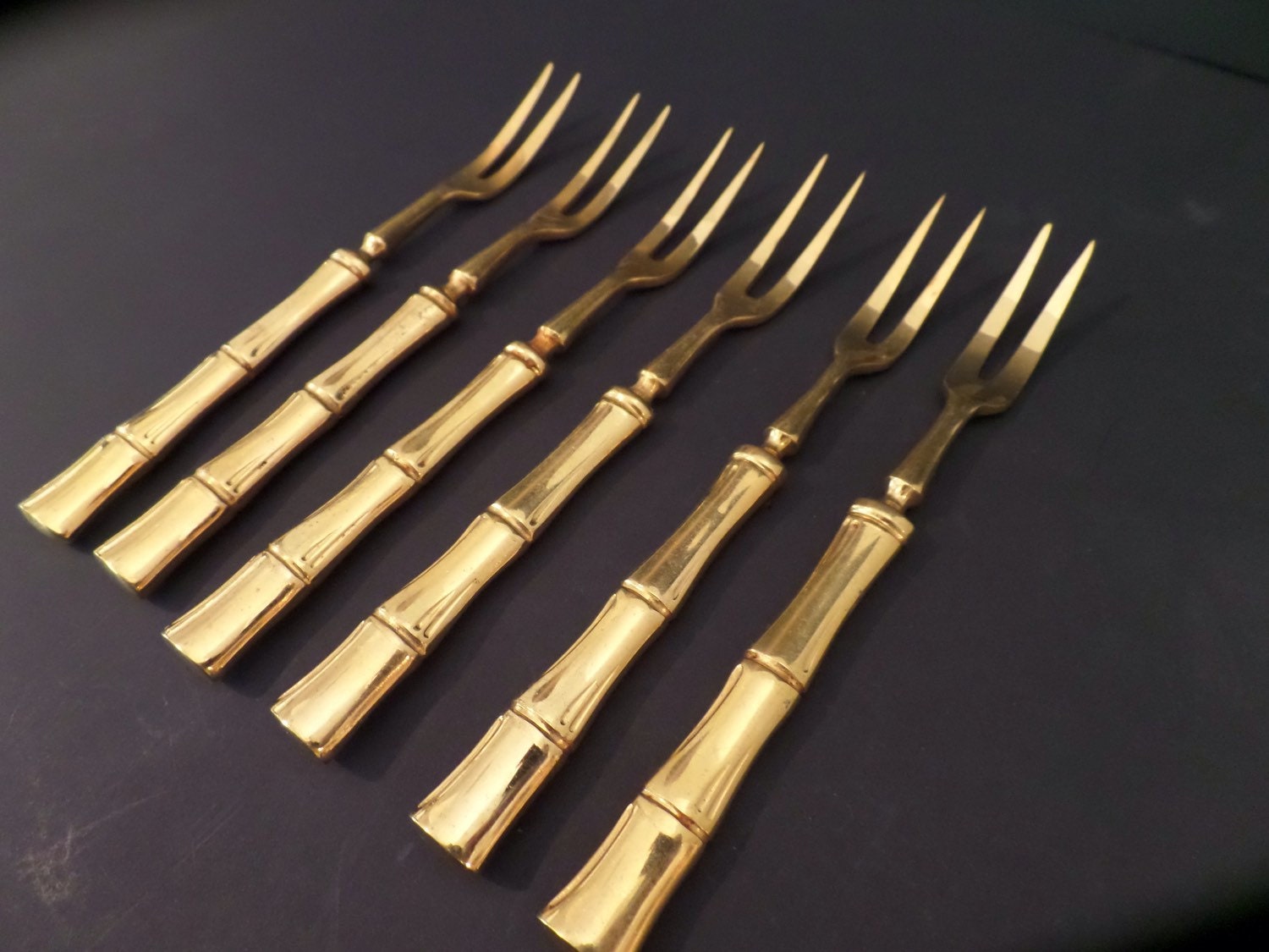 Vintage Gold Plated Seafood Forks Towle Supreme Bamboo Cane Set of 6 ...
