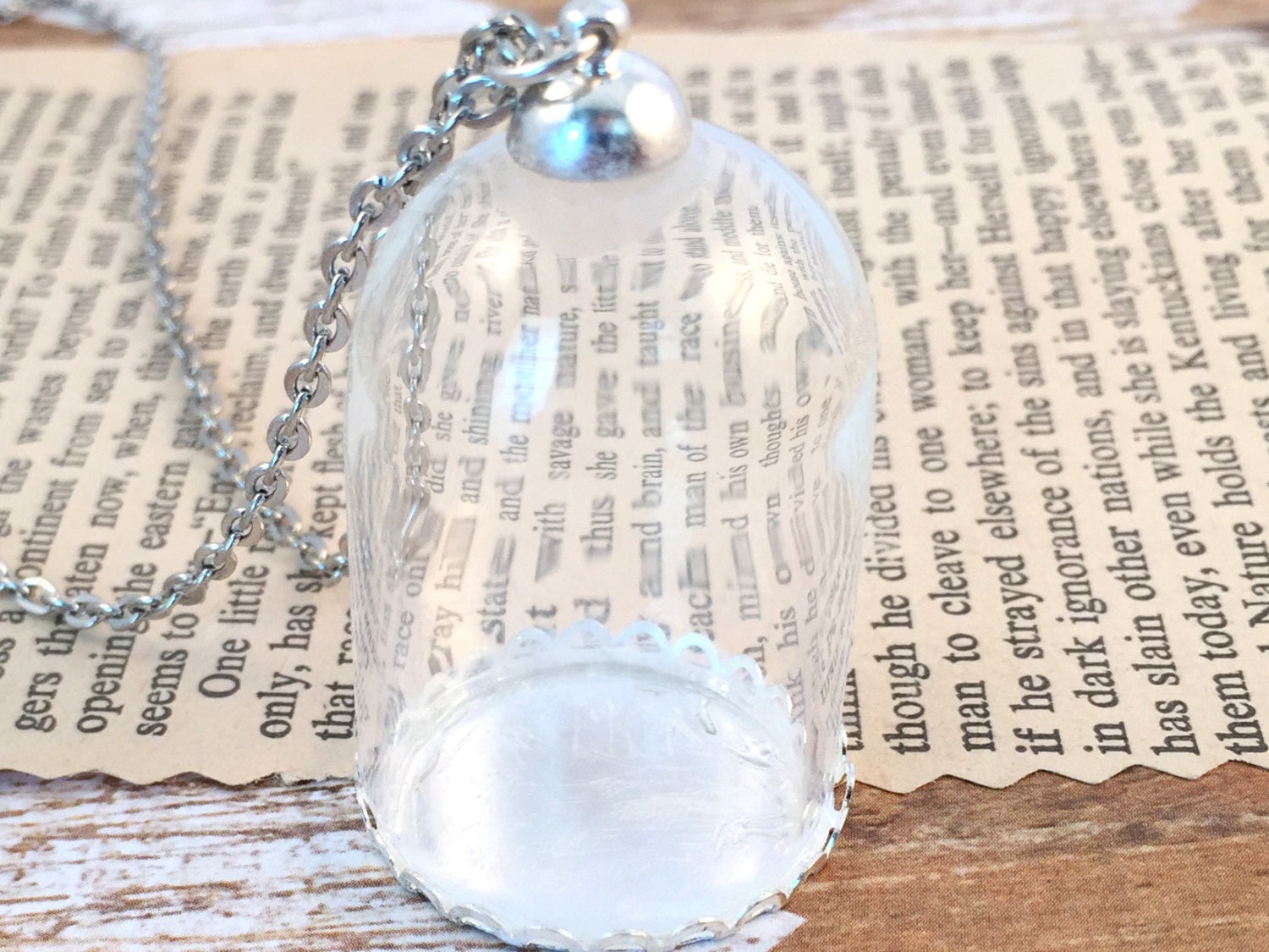 1 Large Silver Hanging Cloche Dome Necklace Clear Glass