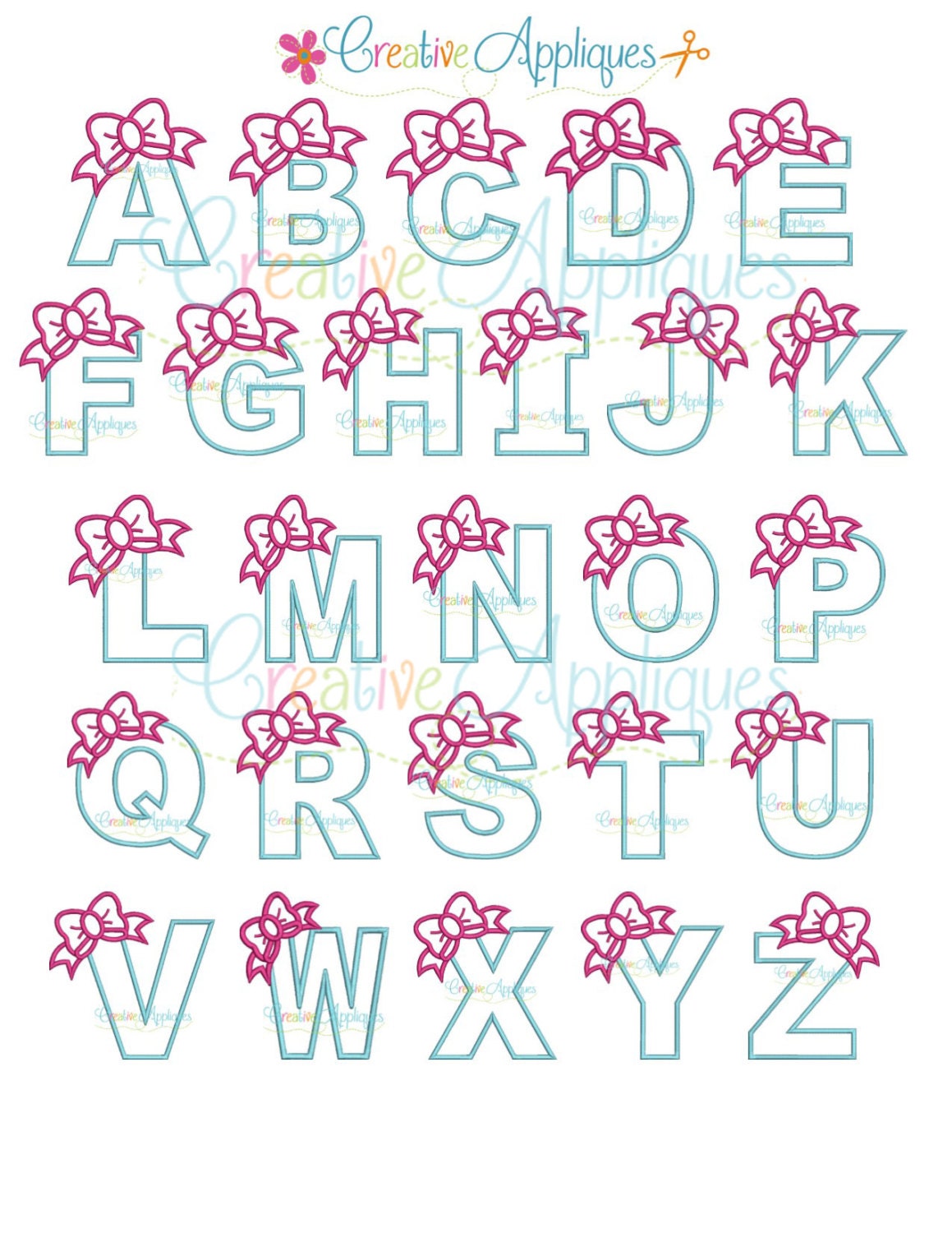 Bow Alphabet Letter Set A-Z Applique Machine Embroidery Design