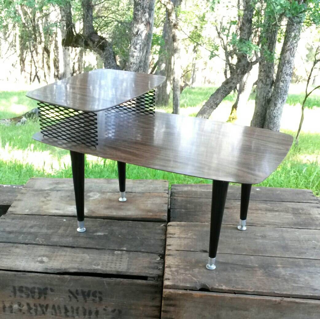 Two Tier End Table Mid Century Modern Wood Black Legs Chrome Feet Metal ...
