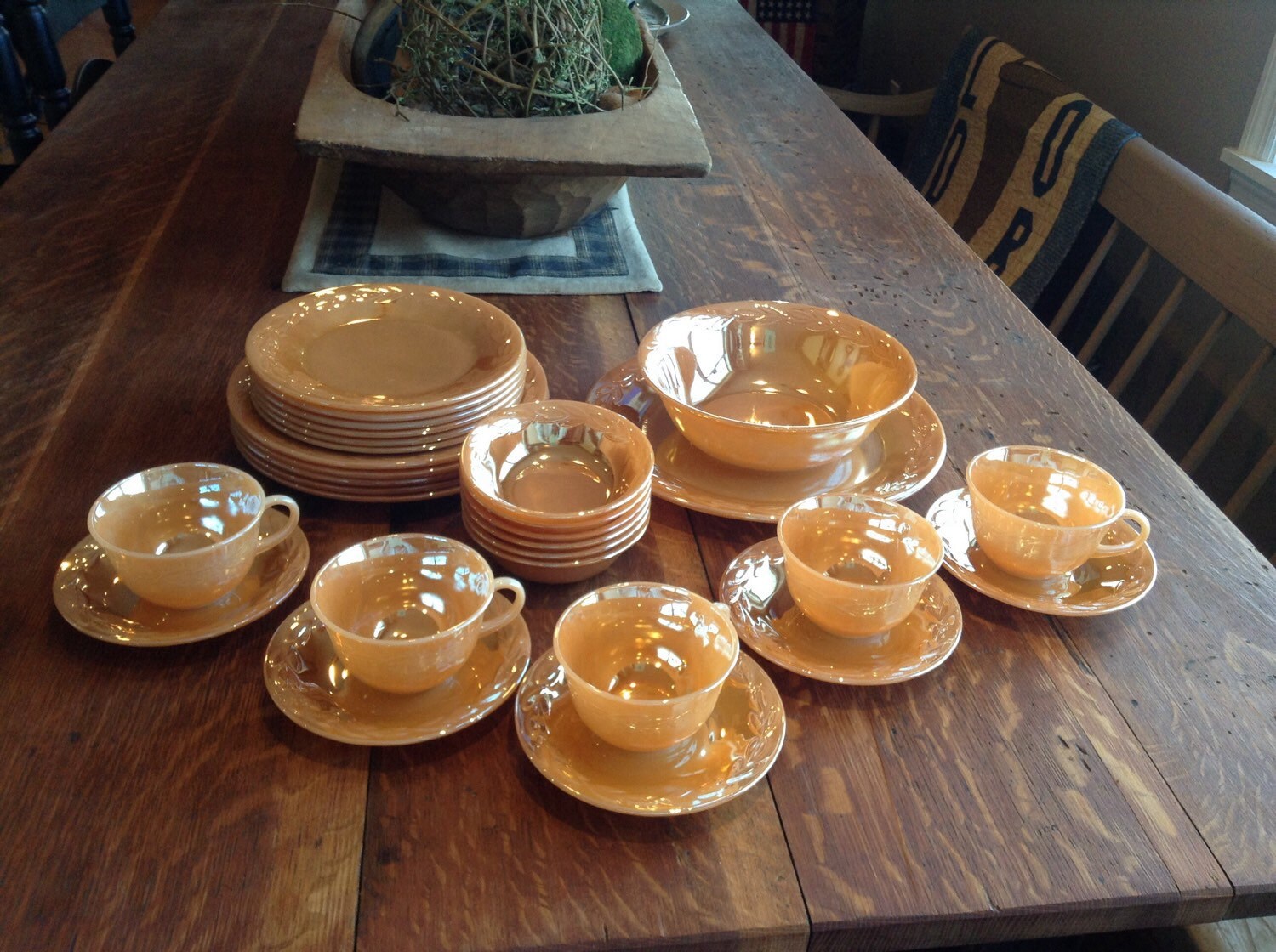 Fire King Peach Lusterware Laurel Leaf Set Plates,Cups and Saucers ...