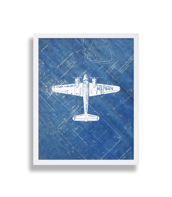 Airplane Print on Blueprint Paper Industrial Art Modern