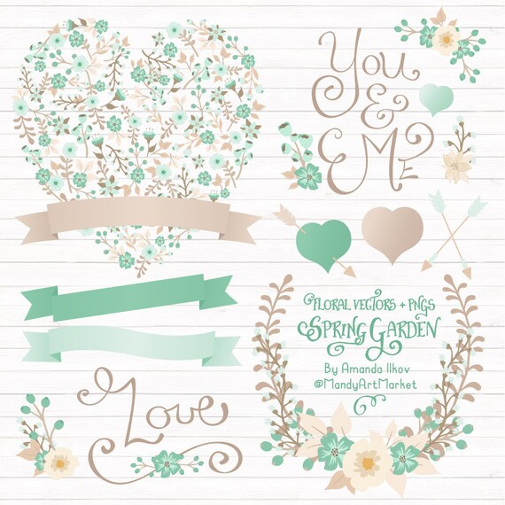 Items similar to Professional Mint Green Floral Heart Clipart & Vectors ...